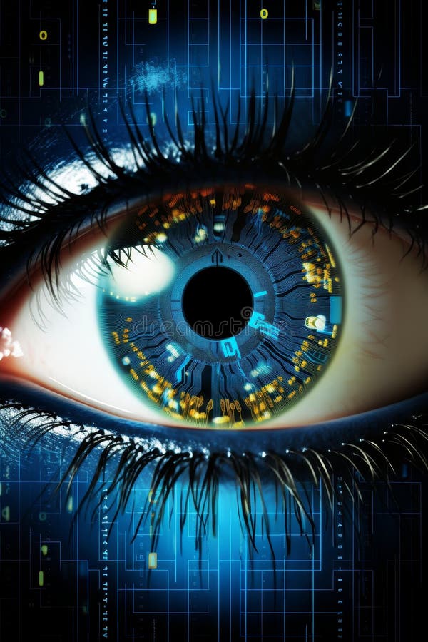 Cybernetic Vision Hacker or Ai Robot Eye in Dark Tech Space on Digital ...