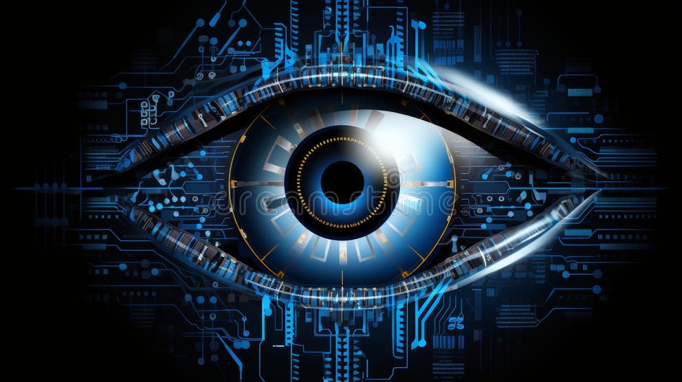 Cybernetic Vision of Hacker or Ai Robot Eye in Dark Tech Space on ...