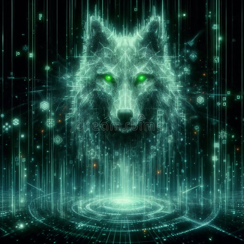 Digital Wolf with Glowing Eyes in a Futuristic Landscape Stock ...
