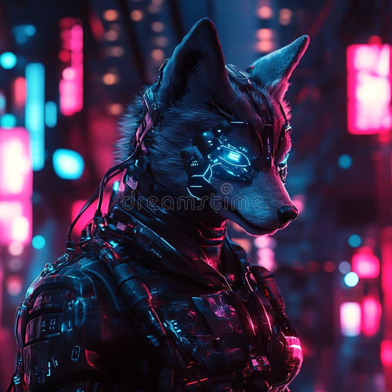 Cybernetic Wolf in a Neon-lit Futuristic Cityscape Stock Illustration ...
