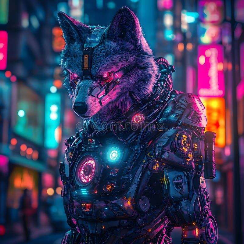 Cybernetic Wolf in a Vibrant City at Night, Neon Lights Glowing Stock ...