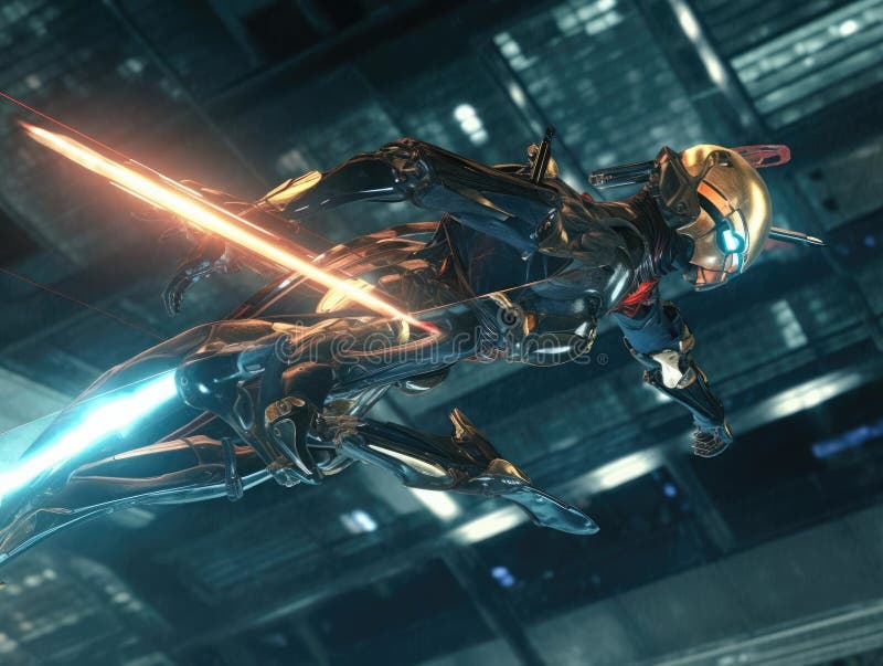 Cyborg Assassin Prepares To Strike Midflight Stock Image - Image of ...