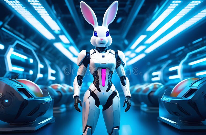 Cybernetics Style, Rabbit Robot and Easter Eggs, White Hare with Long ...