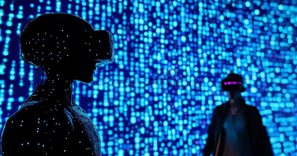 Cyberpunk AI Robot in VR with Digital Code Stock Illustration ...