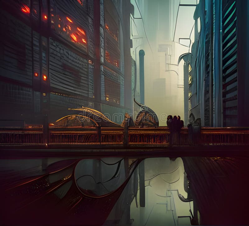 Cyberpunk Bridge Square stock illustration. Illustration of digital ...