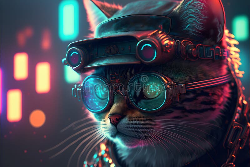 Cyberpunk Cat with Glasses Created with Generative AI Technology Stock ...