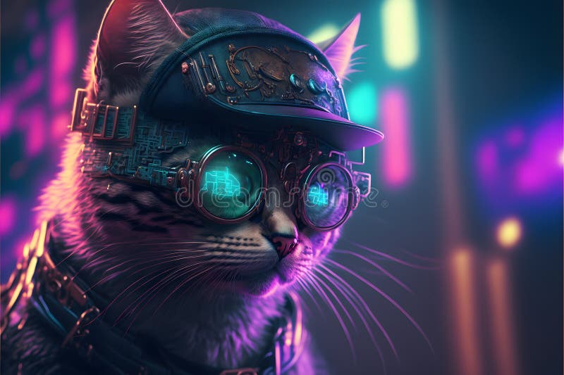 Cyberpunk Cat with Glasses Created with Generative AI Technology Stock ...