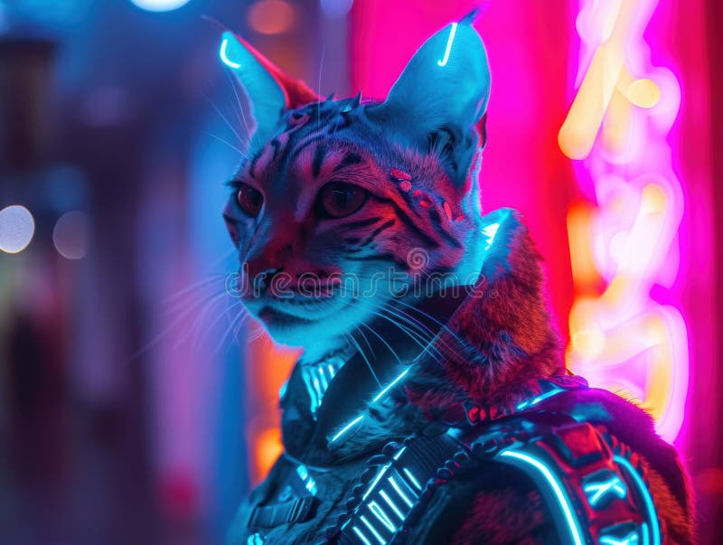Cyberpunk Cat in Neon Lights Stock Illustration - Illustration of ...