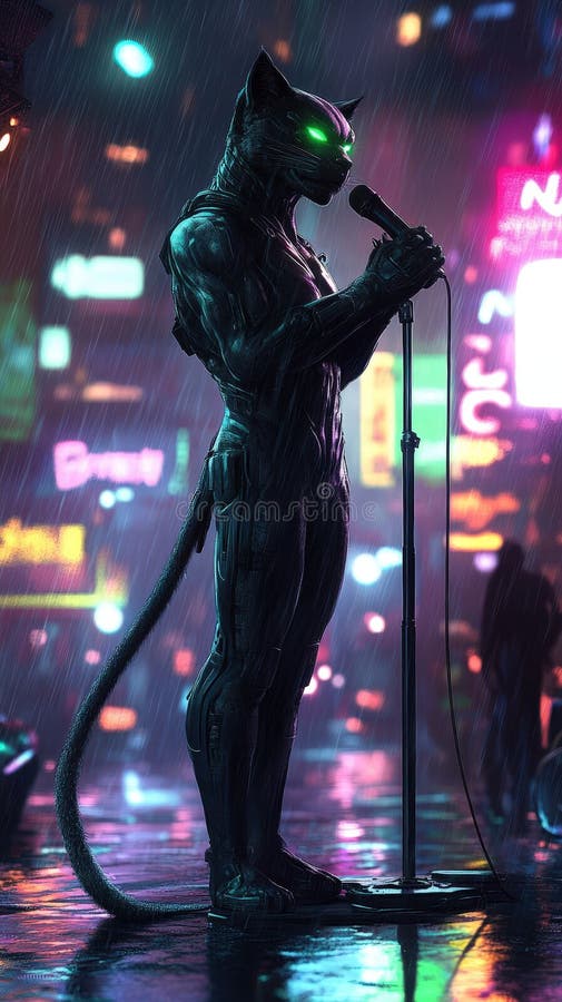 Cyberpunk Cat Performer in Neon City Rain Stock Image - Image of street ...