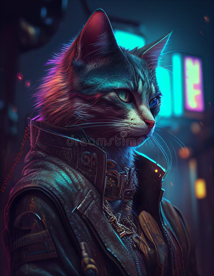Cyberpunk Cat with Robotic Steel Accessories Realistic Generated with ...