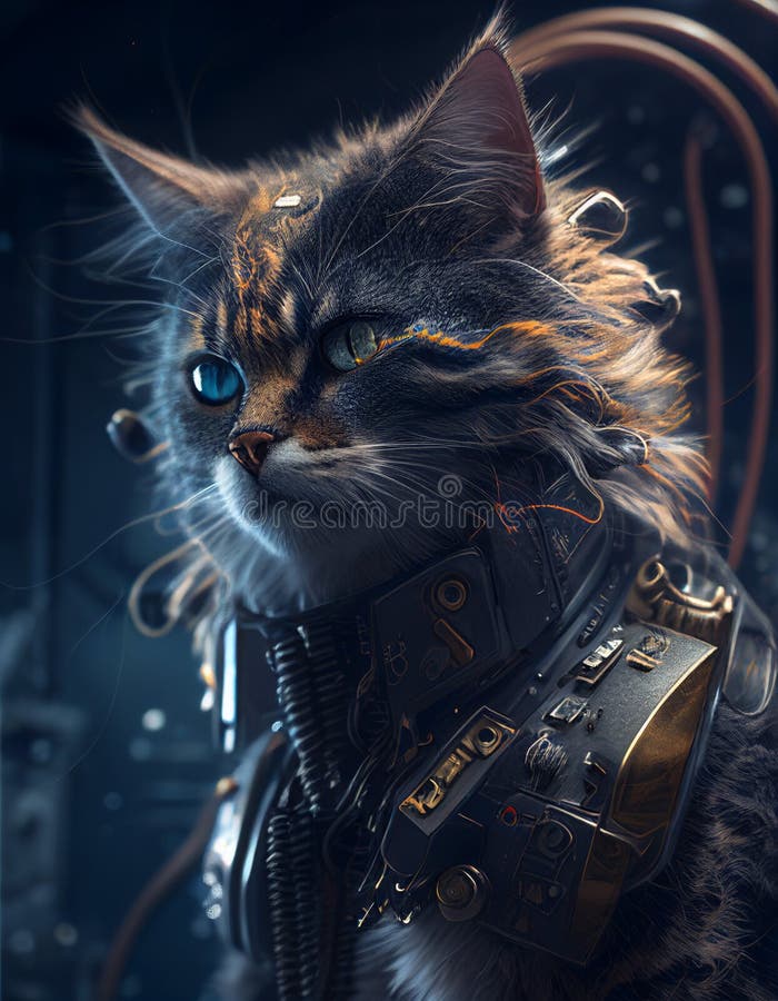 Cyberpunk Cat with Robotic Steel Accessories Realistic Generated with ...
