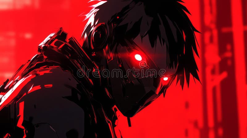 Cyberpunk Character Portrait with Glowing Red Eyes Stock Illustration ...