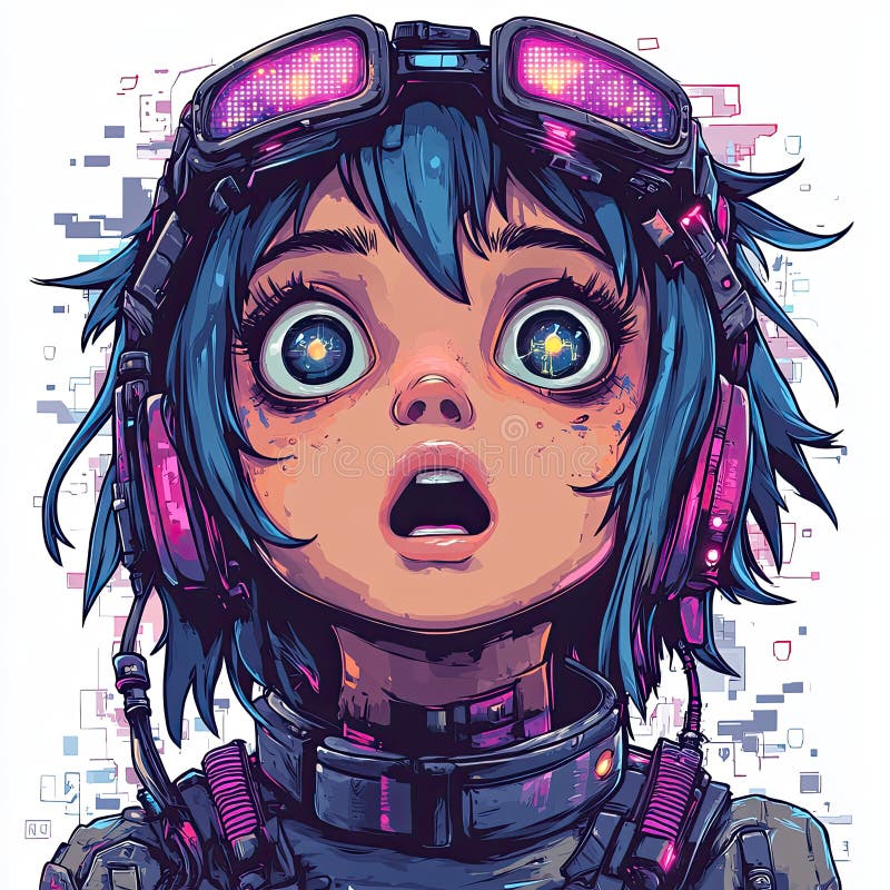 Cyberpunk Chibi Character with Vibrant Neon Colors and Digital Glitch ...