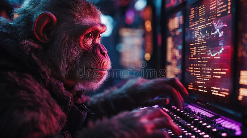 Cyberpunk Chimpanzee Working at Futuristic Computer Setup Stock Image ...