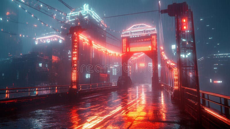 Cyberpunk City Bridge in Rain at Night Stock Illustration - Illustration of night, dark: 359436655