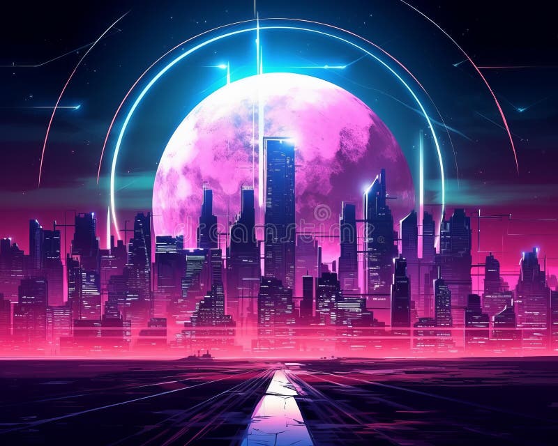 Cyberpunk City with Neon Lights and Moon in the Background Stock ...