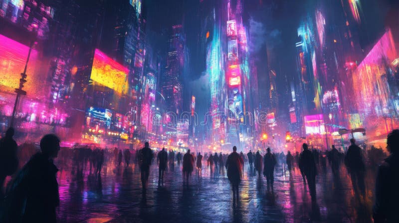 Cyberpunk City Night: Neon Lights and Crowds in Rain Stock Illustration ...