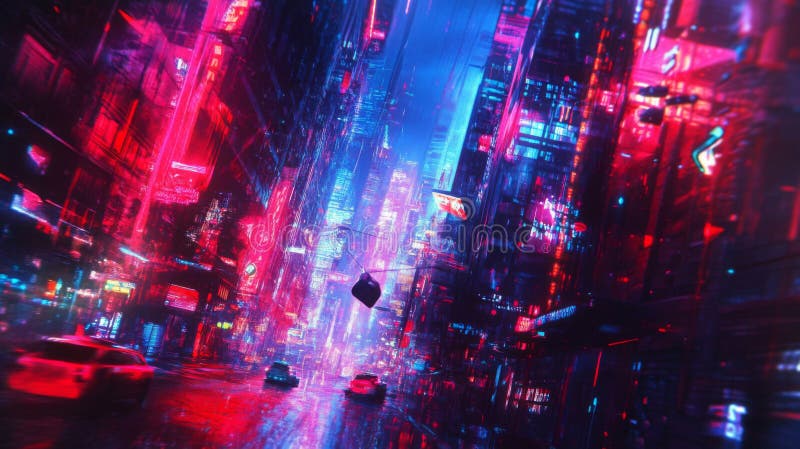 Cyberpunk City at Night: Neon Lights and Rain Stock Illustration ...