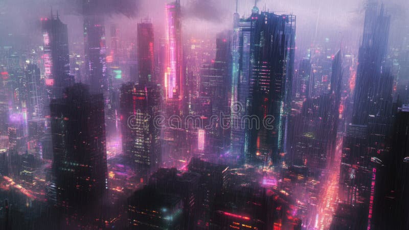 Cyberpunk City at Night in the Rain Stock Illustration - Illustration ...