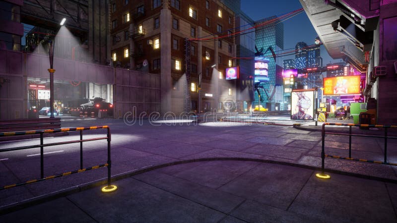 Cyberpunk City Street, 3d Render Stock Illustration - Illustration of ...