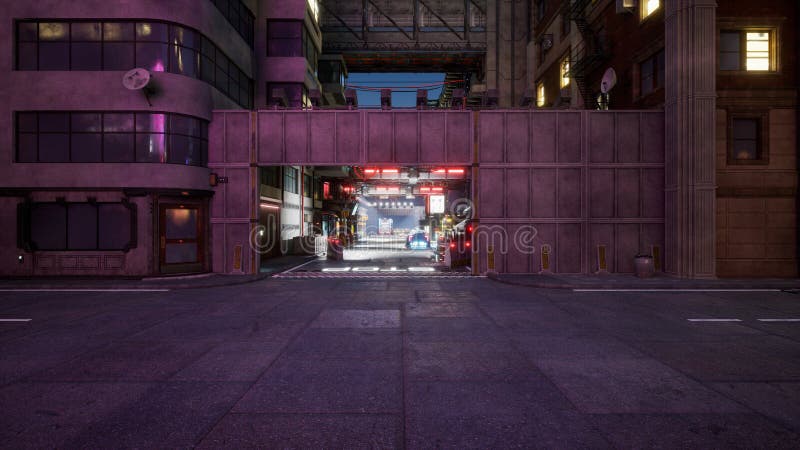 Cyberpunk City Street, 3d Render Stock Illustration - Illustration of ...