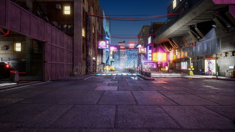 Cyberpunk City Street, 3d Render Stock Illustration - Illustration of ...