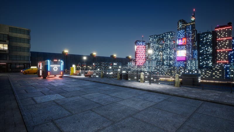 Cyberpunk City Street, 3d Render Stock Illustration - Illustration of ...