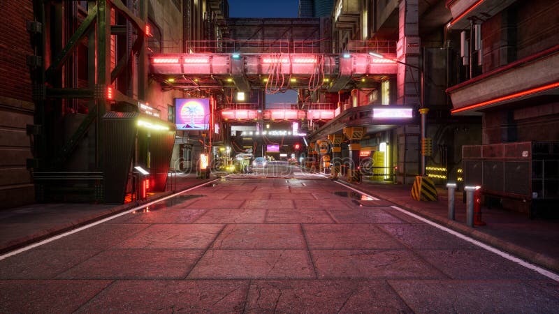 Cyberpunk City Street, 3d Render Stock Illustration - Illustration of ...