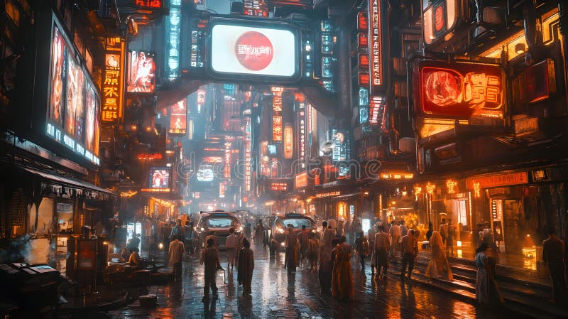 Cyberpunk City Street stock illustration. Illustration of cityscape ...