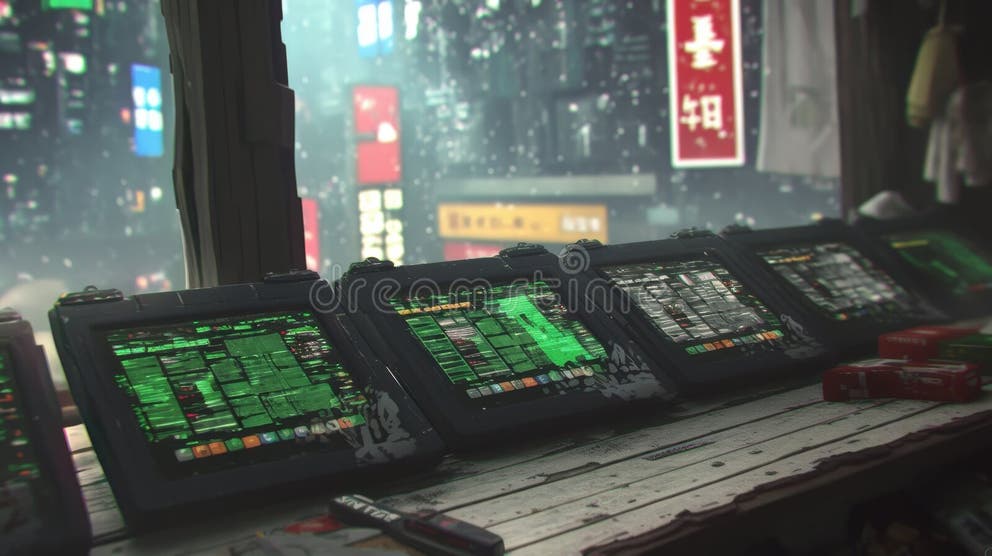 Cyberpunk City Window Displays Data Stock Image - Image of retro ...