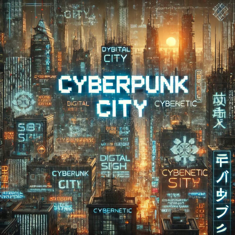 Cyberpunk City Words Transform into Digital Code Neon Signs and Stock ...