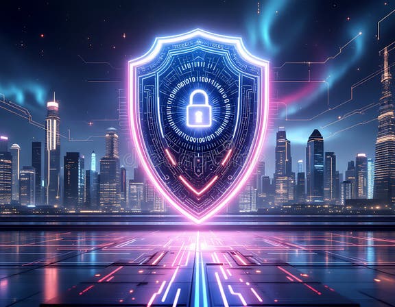 Cyberpunk Cityscape with Glowing Security Shield and Binary Code Stock ...