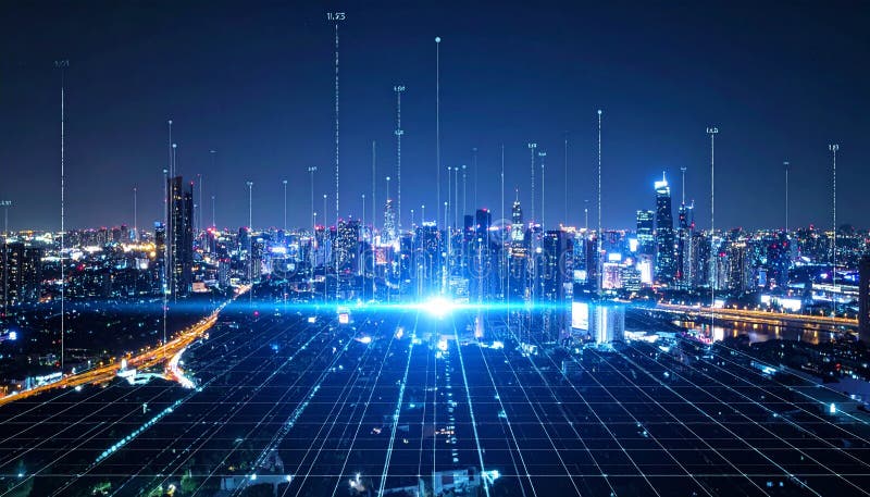 Cyberpunk Cityscape on Holographic UI Grid Background. Generated Image ...