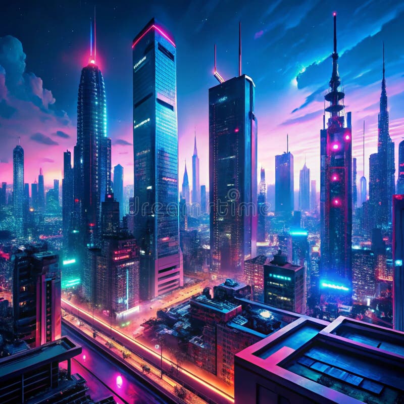 Cyberpunk Cityscape at Night with Neon Lights Stock Illustration ...