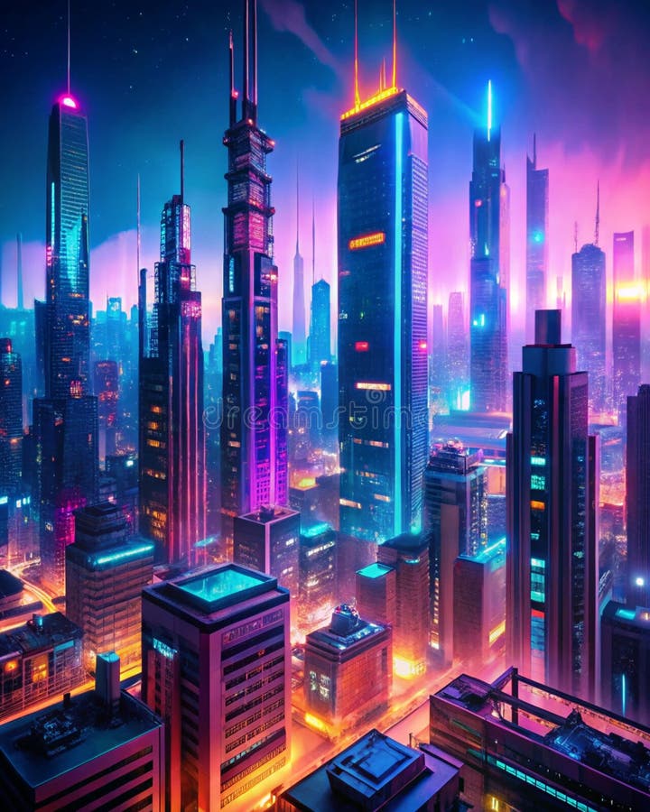 Cyberpunk Cityscape at Night with Neon Lights Stock Illustration ...