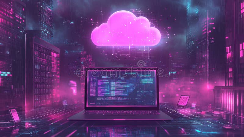 Cyberpunk Cityscape with Pink Cloud Computing Laptop Stock Illustration ...