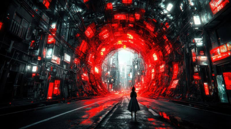 Cyberpunk Cityscape, Red Tunnel Stock Illustration - Illustration of ...