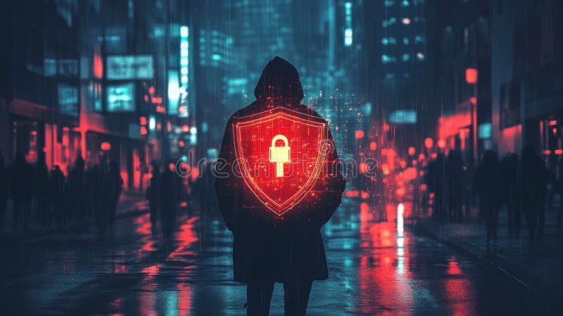 Cyberpunk Cityscape with Security Protection Concept Stock Illustration ...