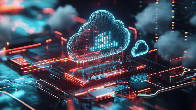 Cyberpunk Cloud Computing 3D Illustration Stock Illustration - Illustration of hardware, world ...