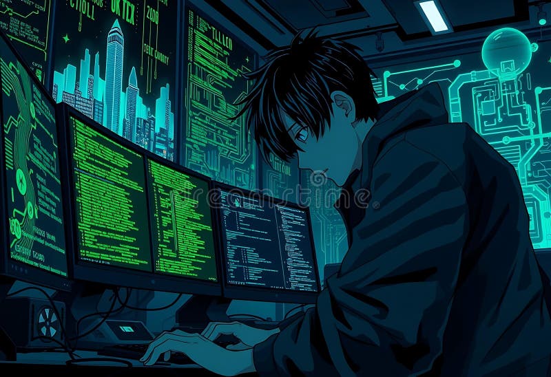 Cyberpunk Coder: Neon City Nightscape Artwork Stock Illustration ...