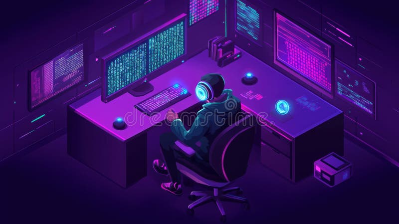 Cyberpunk Coder S Workstation Stock Illustration - Illustration of ...