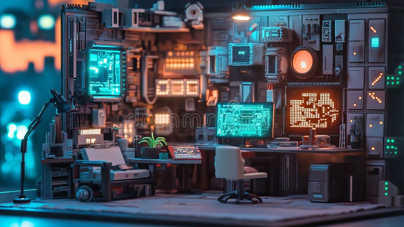 Cyberpunk Command Center. Futuristic Tech Setup with Glowing Screens ...