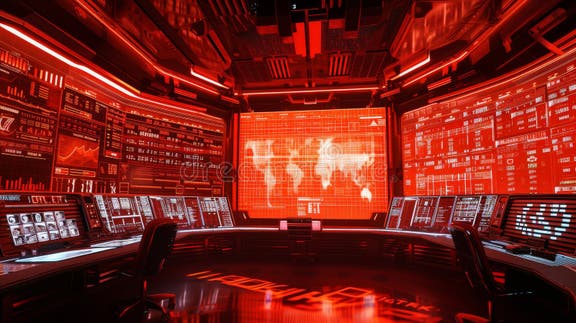Cyberpunk Command Center with Glowing Red Control Panels Stock Image ...