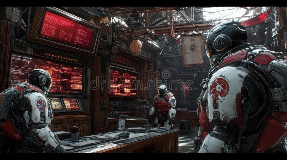 Cyberpunk Command Center: Soldiers & Data Stock Image - Image of armor ...