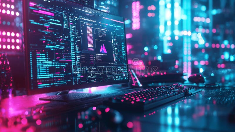Cyberpunk Computer Setup Glowing Neon Lights Coding Screens Stock Photos - Free & Royalty-Free ...