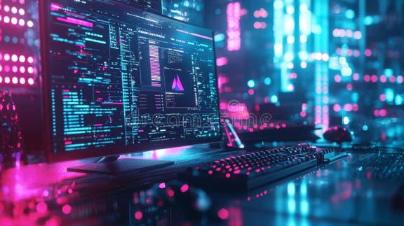 Cyberpunk Computer Setup with Glowing Neon Lights and Coding Screens ...
