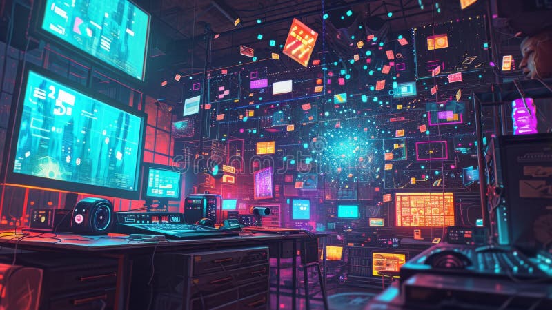 Cyberpunk Control Room with Floating Digital Screens Stock Image ...