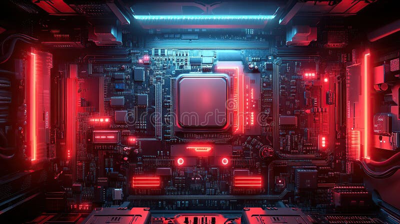 Cyberpunk CPU in a Glowing, High-tech Interior Stock Illustration ...