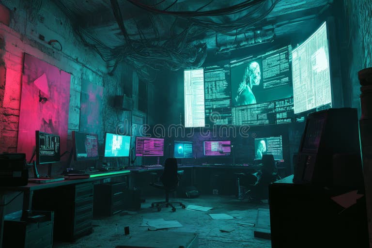 A Cyberpunk 3D Background of a Sprawling Underground Hacking Den ...