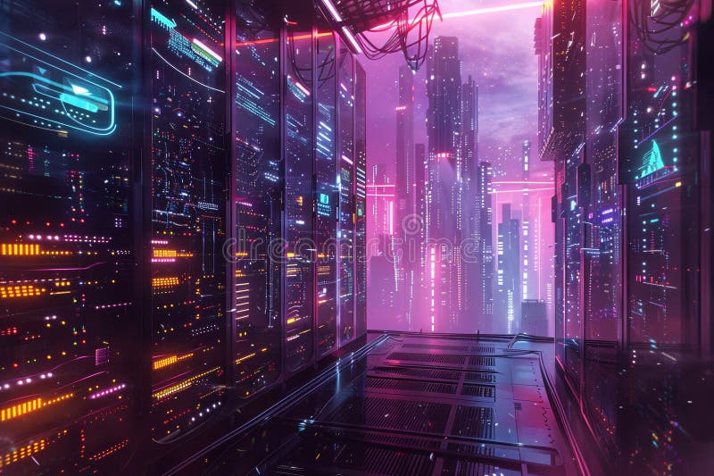Cyberpunk Data Center with Holographic Interfaces and Neonlit Server ...